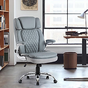 HOMYEDAMIC High Back Office Chair with Adjustable Arms, PU Leather Computer Executive Chairs Big Tall Swivel Ergonomic Adjustable Tilt Angle, Thick Seat 7012-Grey
