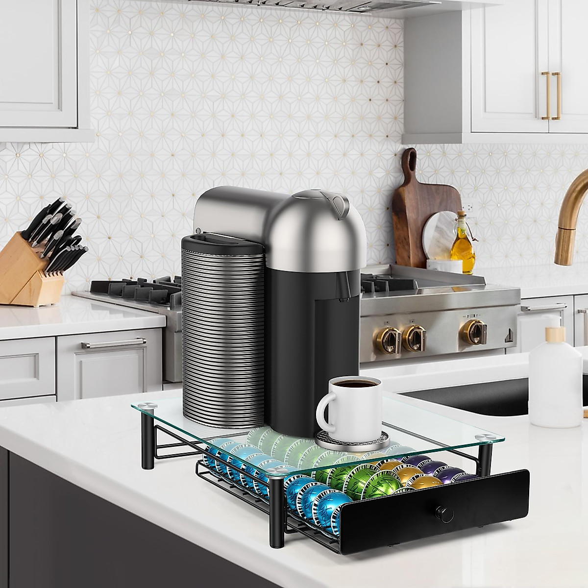 ROWISE Coffee Pod Drawers, Crystal Tempered Glass Pod Holder Drawer Compatible with Nespresso Capsules, Holds Up to 40 Capsules, Size 13"x14.7"x3.5"