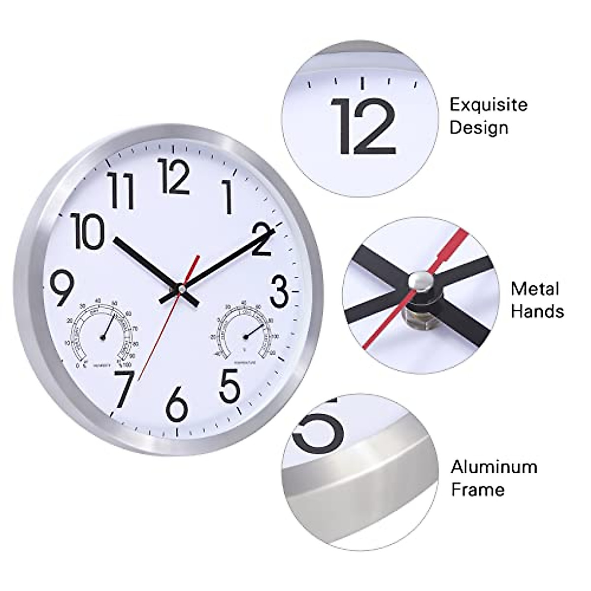 Vigorwise 12 Inch Wall Clock with Temperature & Humidity, Battery Operated Aluminum Frame Wall Clocks, Sweep Silent Movement Accurate Clocks, Decorative for Kitchen Living Room