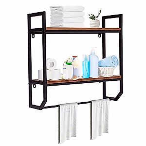 Kinsuite 2-Tier Metal Industrial Wall Mounted Bathroom Shelves Rustic Wall Storage Rack Over Toilet with Towel Bar, Floating Shelves Towel Holder