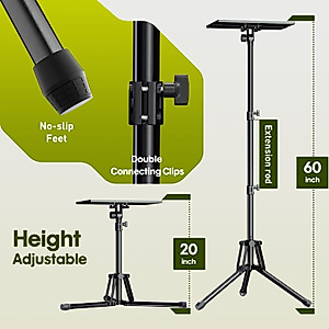Projector Stand Laptop Tripod Stand - Portable Stand Adjustable Height 20 to 60 Inch, Projector Stand with Gooseneck Phone Holder ＆ Mouse Tray, Laptop Floor Stand for Podium, Home, Studio, DJ Racks