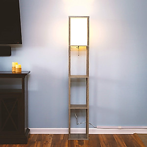 Brightech Maxwell - Modern Shelf Floor Lamp with Lamp Shade and LED Bulb - Coner Display Floor Lamps with Shelves for Living Room, Bedroom and Office - Rustic Wood