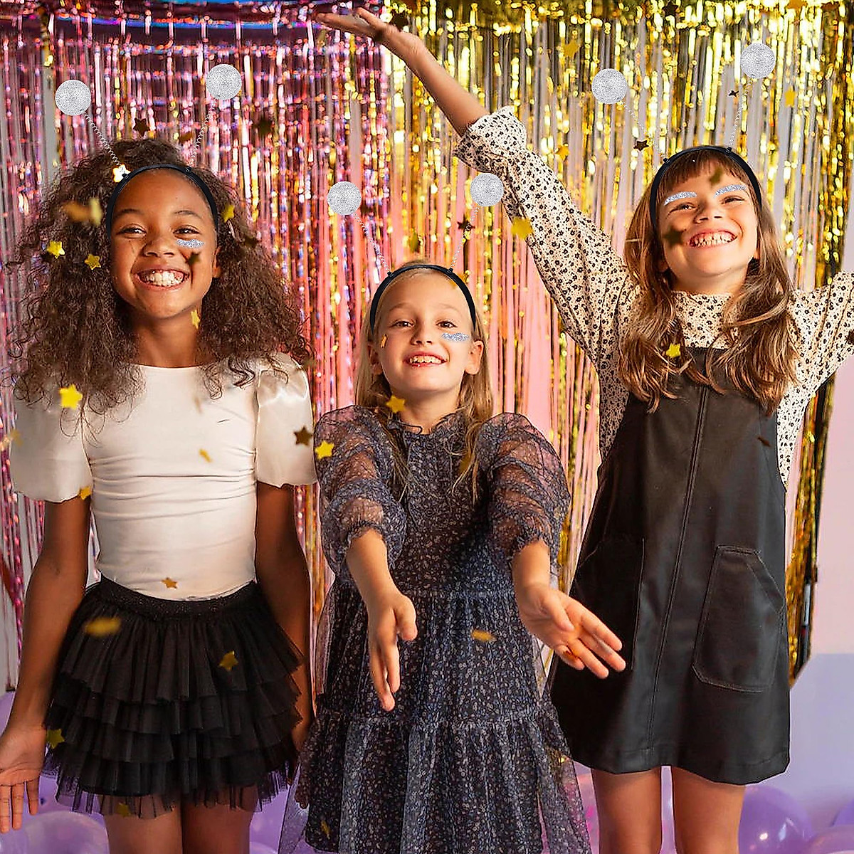 MUKOSEL Alien Headband with Glitter, Silver Martian Antenna Headband Glitter Ball Boppers, Alien Antenna Headband Theme Party Halloween Cosplay Costume Alien Costume Accessories for Women Adults Kids