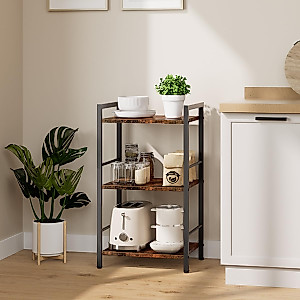 Jsluiiys 3 Tier Bookshelf, Small Bookcase with 3 Open Shelves, Short Metal and Wood Book Shelf Bedside Shelf for Home Organizer, Freestanding Shelf for Living Room Bedroom Dorm, Rustic Brown