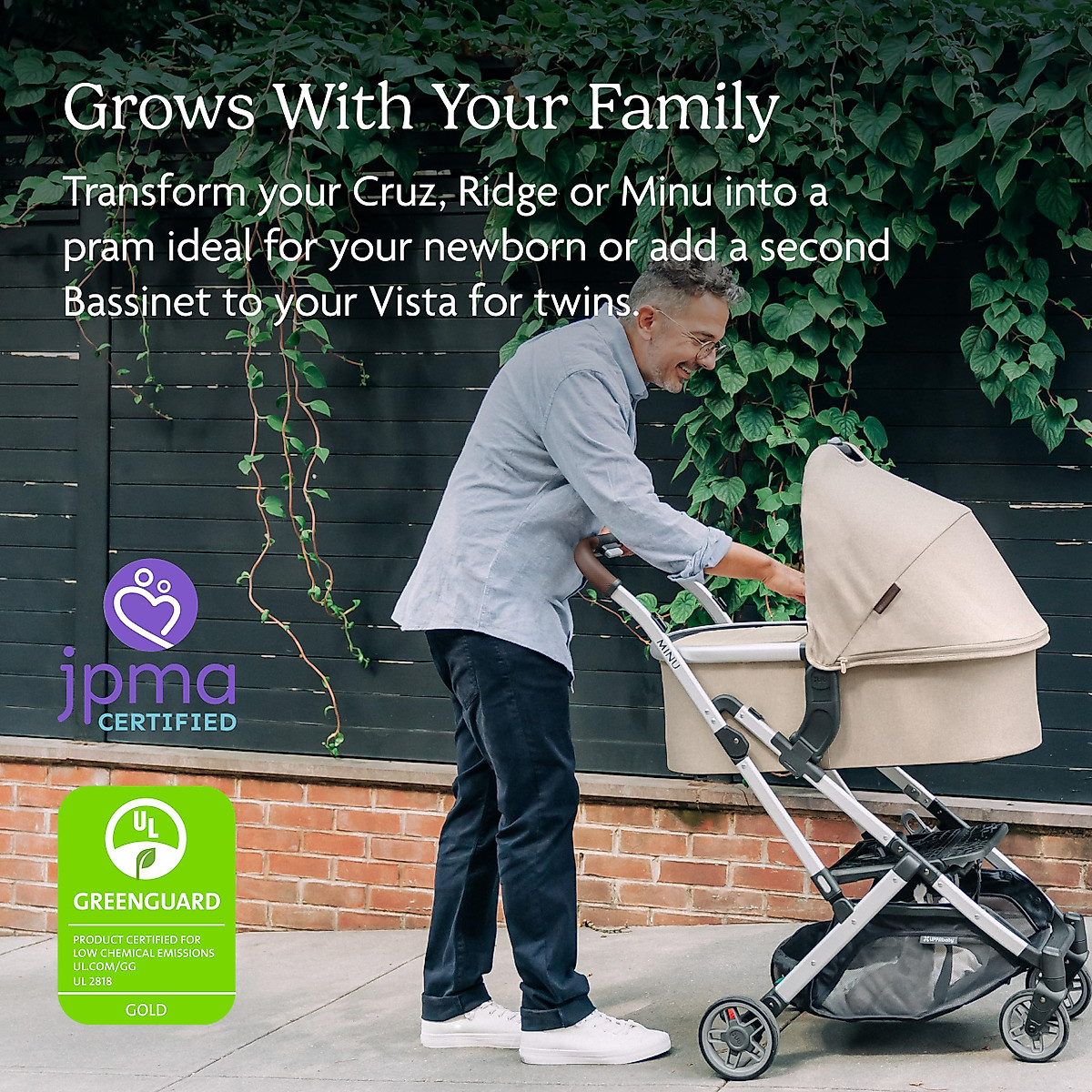 UPPAbaby Bassinet/Compatible with Vista, Cruz, Ridge, Minu Strollers/Overnight Sleep Solution/Mattress, Sheet, and Bug Shield Included/Greyson (Charcoal Mélange/Carbon Frame)