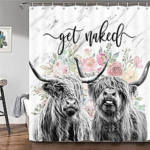 Romantic Angels Highland Cow Shower Curtain Set Get Naked Western Floral Shower Curtains for Bathroom Farmhouse Cute Funny Cow Bathroom Decor Waterproof Fabric 72 * 72 Inch with 12 PCS Hooks