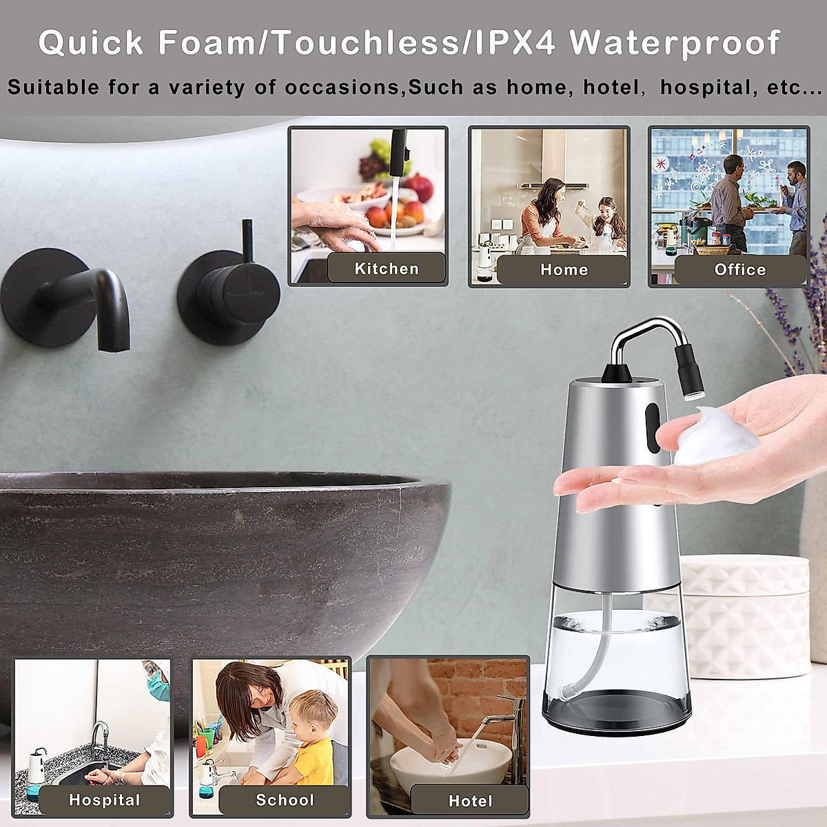 FAIBAEELLY Automatic Foaming Soap Dispenser, Touchless Foam Hand Soap Dispenser with Replaceable Foam Generator, Infrared Sensor, Rechargeable, Foam Soap Dispenser for Bathroom & Kitchen, Silver