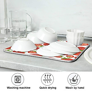 Baofu Dish Drying Mat for Kitchen Counter, Summer Strawberry Fruit Ultra Absorbent Reversible Microfiber Dishes Drying Rack Pad Heat-resistant Mats 16x18in