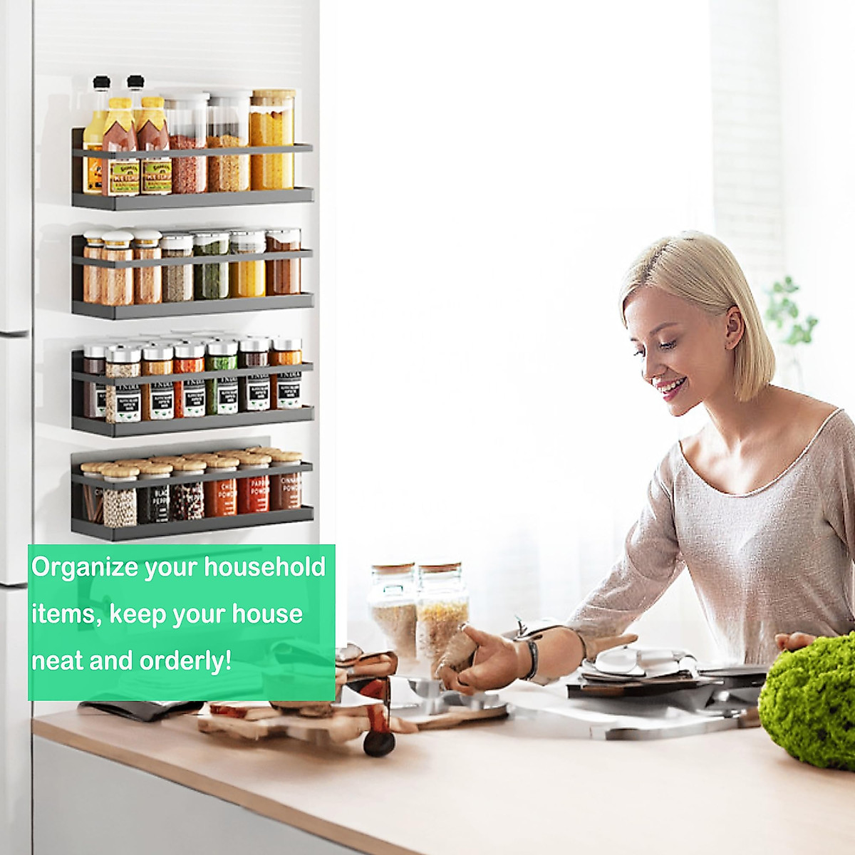 Roysili Spice Rack Magnetic Spice Rack Organizer Durable Magnetic Shelf For Refrigerator For Kitchen Organization And Storage With Hooks 2 Pack (White)