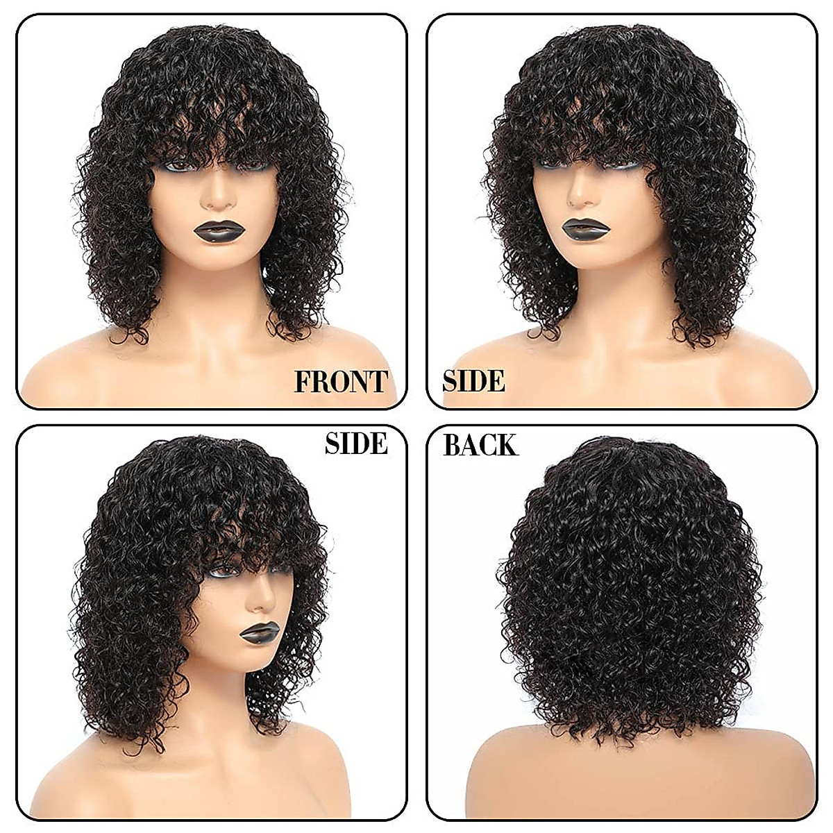 12" Short Curly Human Hair Wig with Bangs Curly Bob Wigs for Black Women Brazilian Human Virgin Hair Short Black Bob Wig with Bangs Human Hair Water Wave Wigs Glueless None Lace Wig Natural Color