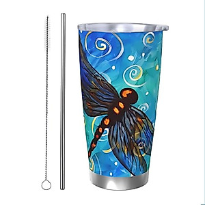 Butterflies and Dragonflies 20oz Tumbler Stainless Steel Vacuum Insulated Coffee Travel Mug, Durable Insulated Coffee Travel Mug with Splash-Proof Lid Metal Straw and Brush Thermal Cup for Outdoor
