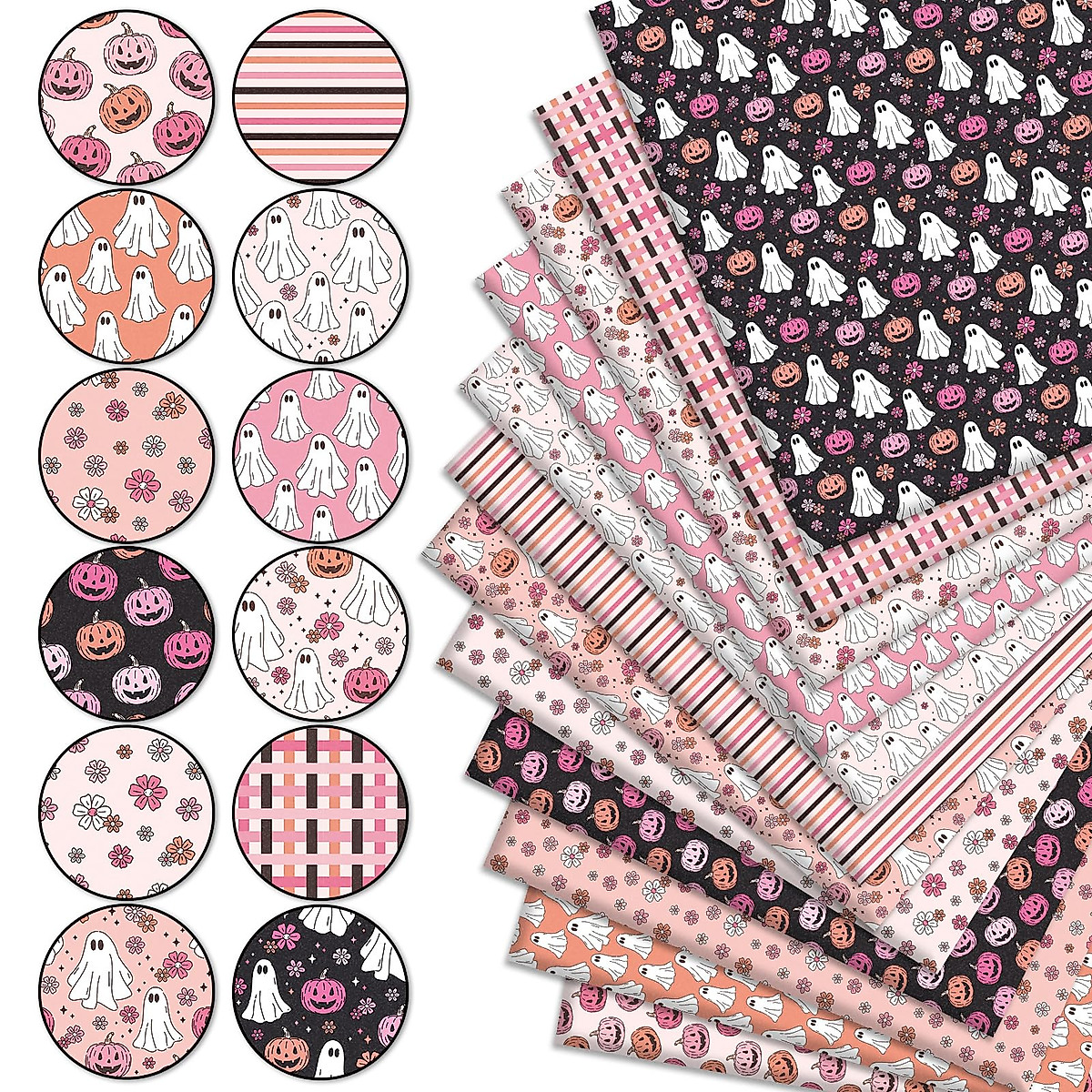 JarThenaAMCS 12Pcs Halloween Cotton Fabric Bundles 18 x 22 Inch Pumpkin Ghost Flower Fat Quarters Pink Black Holiday Sewing Fabrics for DIY Craft Party Decor