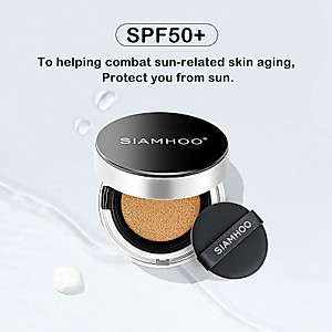 SIAMHOO Air Cushion CC Cream Foundation Makeup Primer Sunscreen SPF50+ Full Coverage Lightweight Long-lasting Oil Control for All Skin Types, Refill Included, 0.53 Oz x 2 (Natural)