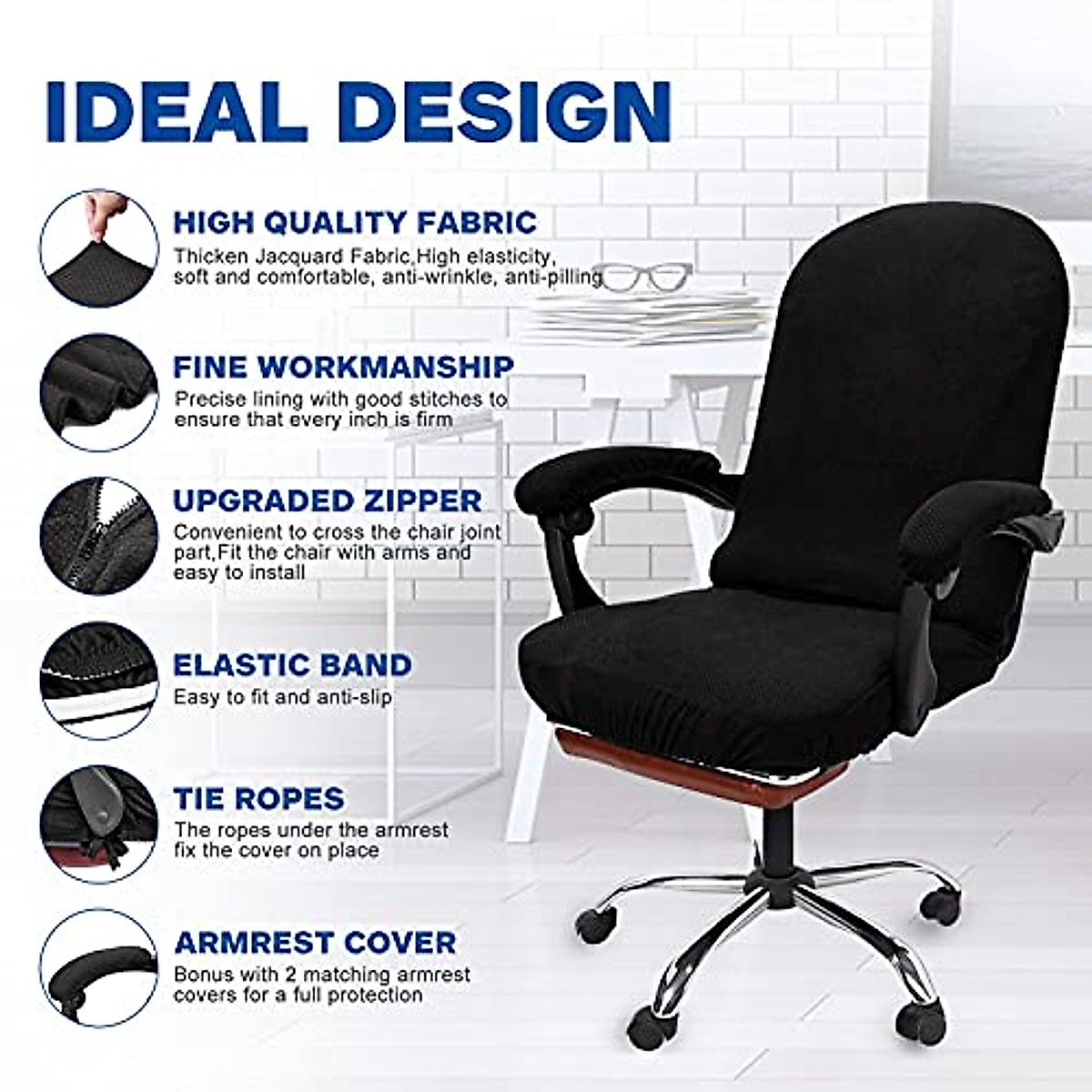 NeColorLife Office Chair Cover with Armrest Covers Stretchable Desk Chair Cover Thick Checked Jacquard High Back Office Seat Cover for Universal Rotating Chair (Large Size,Black)
