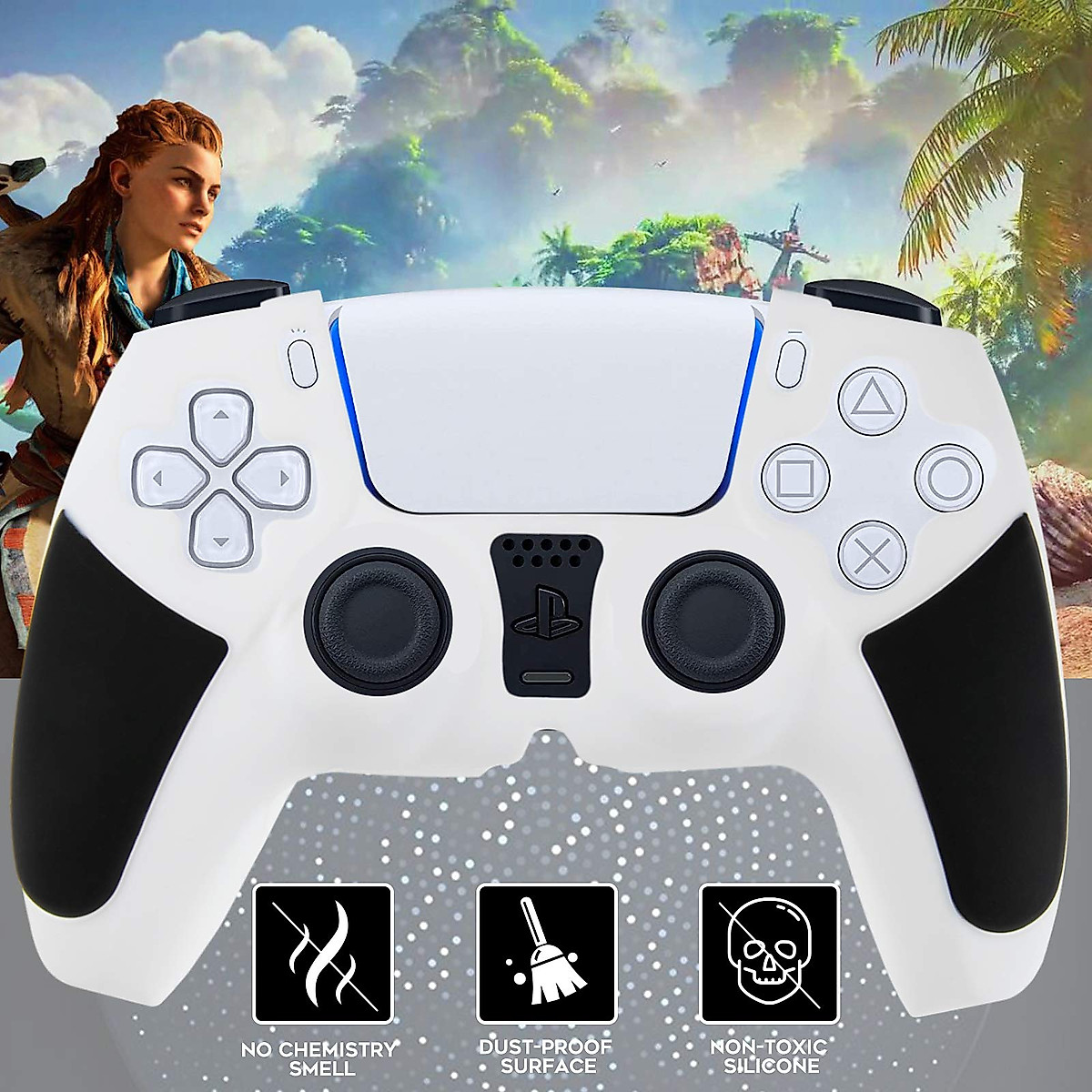 Ermorgen Anti-Slip Silicone Cover Skin Compatible for PlayStation 5 Controller, with 4 Thumb Grip Caps for PS5 DualSense Wireless Controller Soft Gel Rubber Case -White