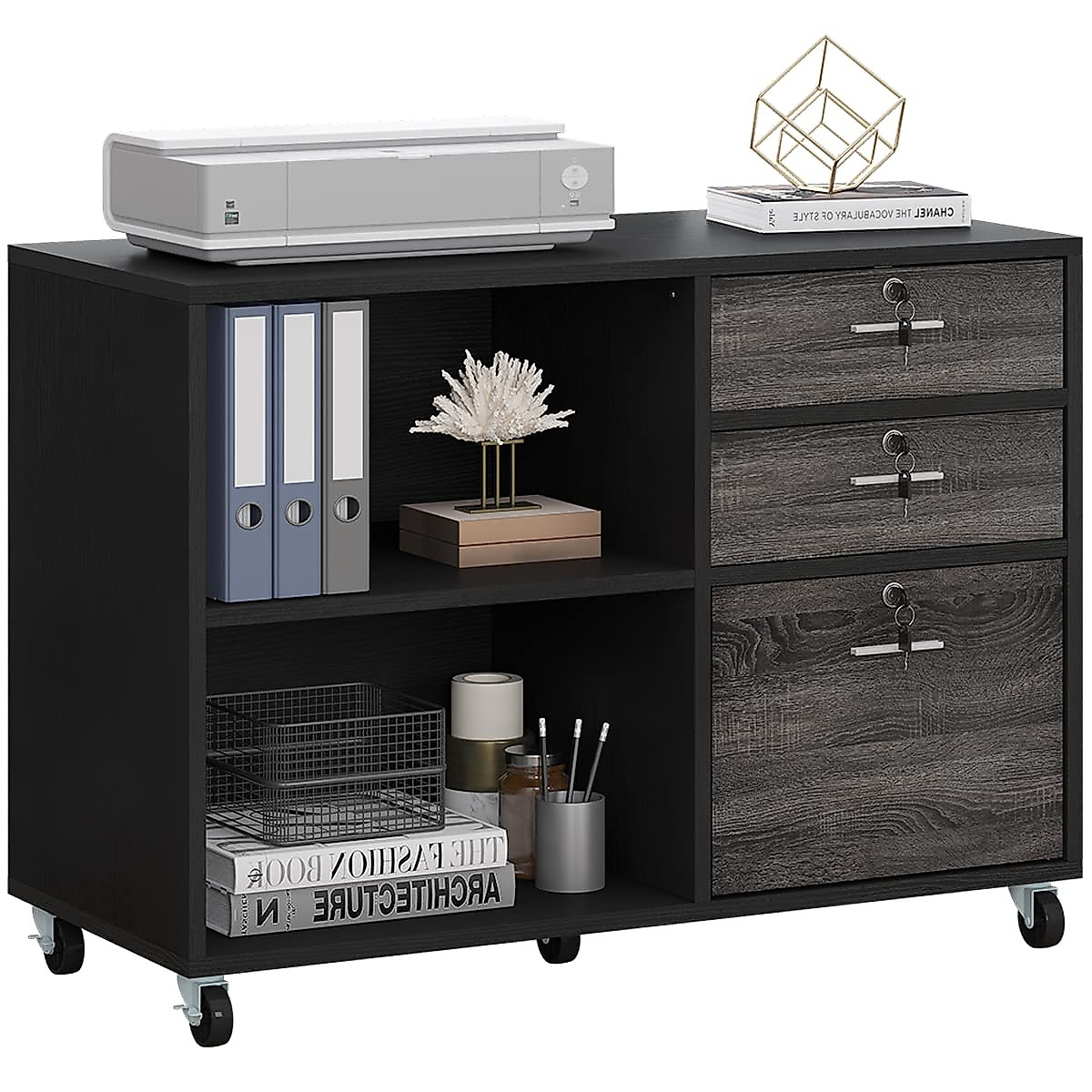 YITAHOME Wood File Cabinet, 3 Drawer Mobile Lateral Filing Cabinet, Storage Cabinet Printer Stand with 2 Open Shelves for Home Office Organization, Black and Grey