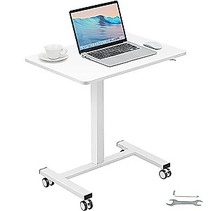 VEVOR 28"-44" Gas-Spring Height Adjustable Sit-Stand Desk 4 360° Swivel Wheels (2 Lockable) Portable Rolling Laptop Table Computer Cart for Home Office School, 40LBS Loading, 27.1 x 18.9 inch, White