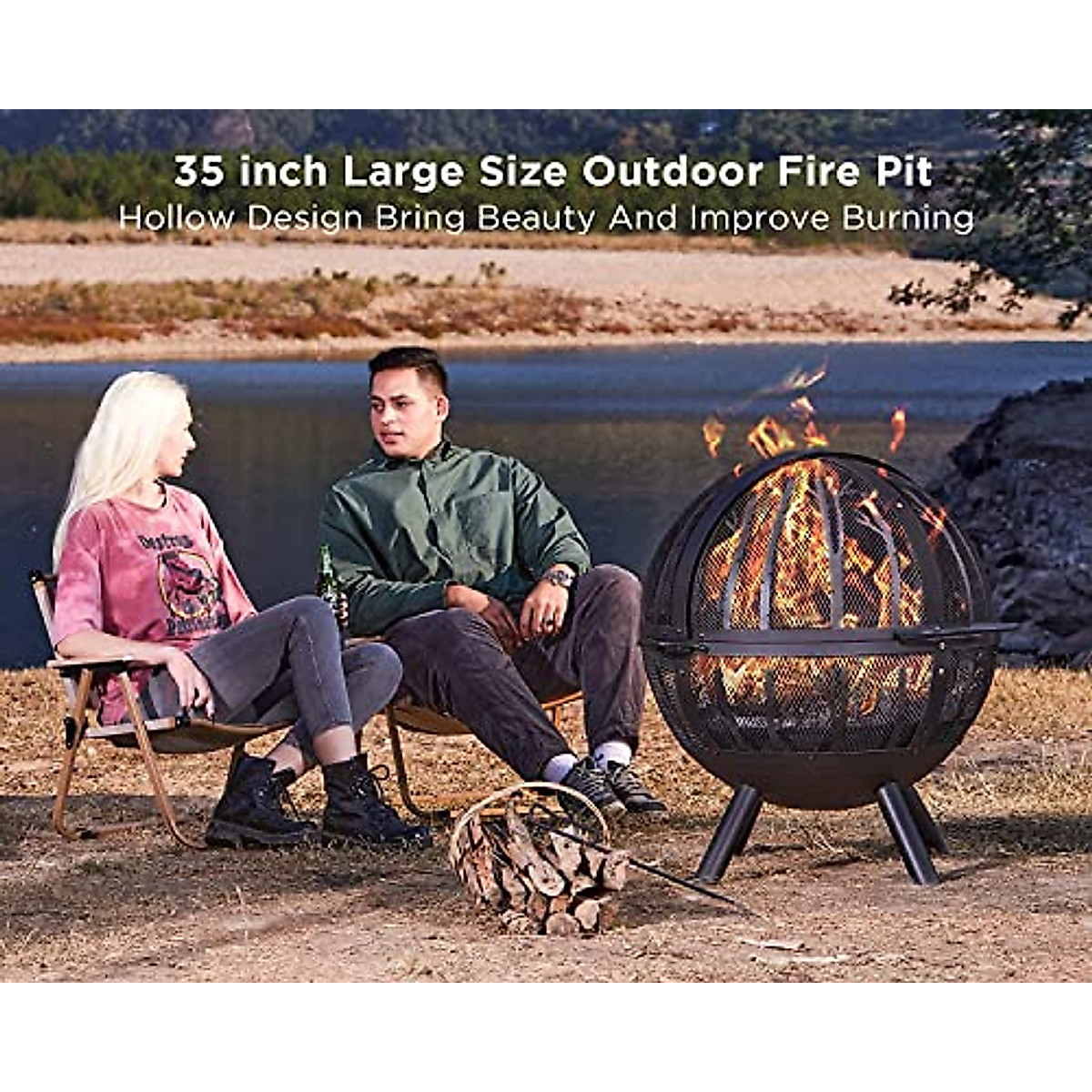 PaPaJet 35 inch Fire Pit for Outside, Wood Burning Fire Pit with Cover, Bonfire Globe Fire Pit with Poker Tree Pattern for Patio Backyard Garden Black