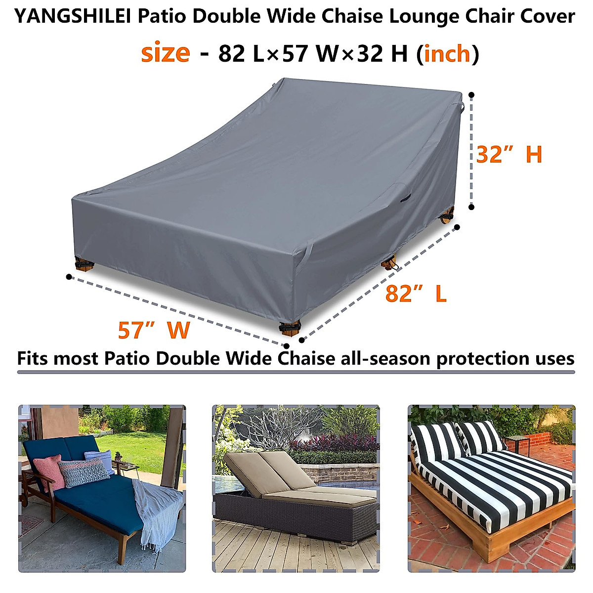 Patio Furniture Covers for double Chaise Lounge,100% Waterproof Lounge Chair Covers for Outside Patio Lounge Chair,Outdoor Couch Cover for Double Wide Wicker Daybed Chaise Lounge Chair (Grey)