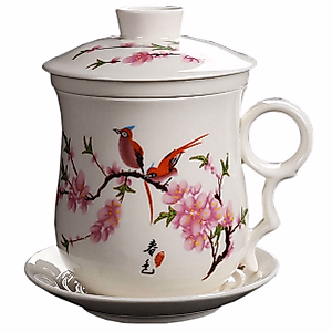 BandTie Convenient Travel Office Loose Leaf Tea Brewing System-Chinese Jingdezhen Blue and White Porcelain Tea Cup Infuser 5-Piece Set with Tea Cup Lid and Saucer (Peach Blossom)