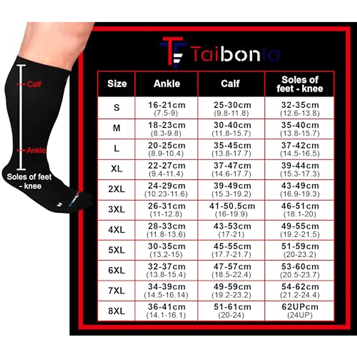 Taibonla 4XL Wide Calf & Big and Tall 20-30 mmHg Compression socks Men and Women-Black