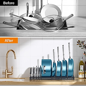 ORDORA Pot and Pan Organizer Rack for Cabinet - Expandable Cutting Board Pot Lid Organizer Holder with 11 Adjustable Dividers for Kitchen Cabinet Cookware Baking Frying Rack