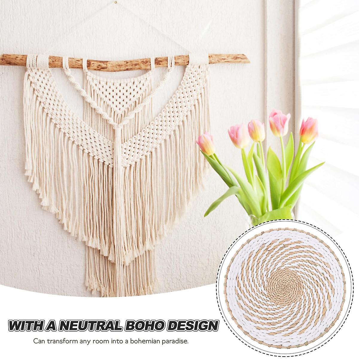 Kichvoe Woven Wall Hanging Baskets Decorative Rattan Basket Rattan Basket Wall Decor Wall Basket Decor Unique Wall Decor Woven Wall Plate Decor Basket Wall Art Grass Round Wall Decoration