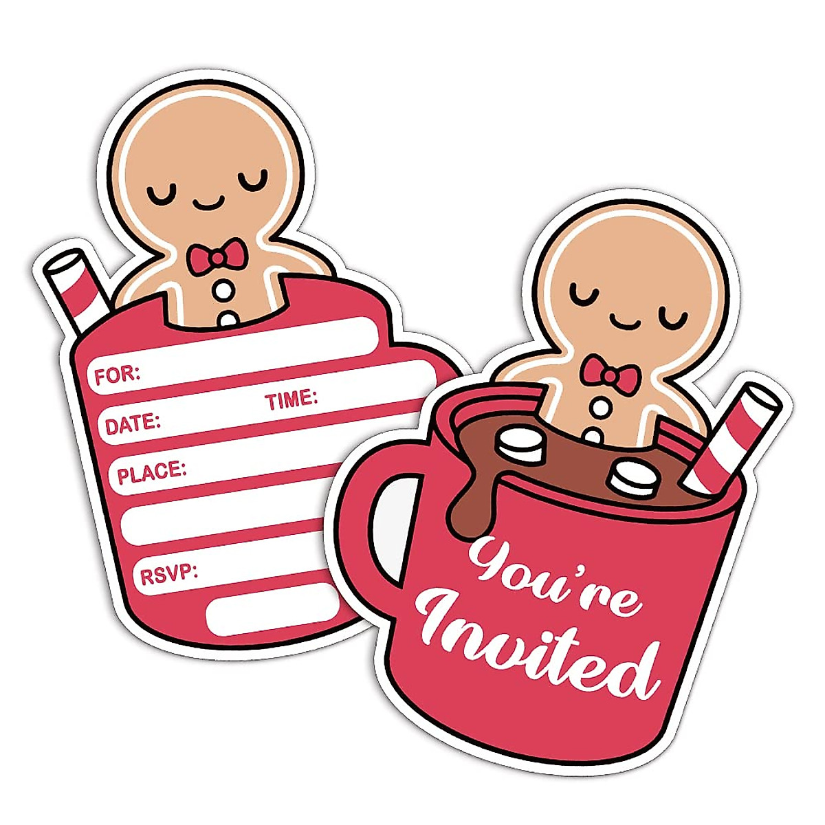 REWIDPARTY Gingerbread Man Shaped Fill-in Invitations with Envelopes（Set of 15） Gingerbread Man Decorating Christmas Birthday Party Invitations for Kids Adults Christmas Cookie Swap Party Invites