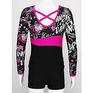Jhaoyu Kids Girls Ballet Dance Gymnastics Leotards Long Sleeve Printed Bodysuit Unitard with Biketards Shorts Tracksuit Rock Rose 8 Years