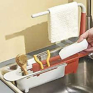 Adjustable Telescopic Sink Storage Organizer Rack Sponge Soap Drain Basket Expandable Organizer for Home Kitchen with Dish Cloth Hanger (Pink)