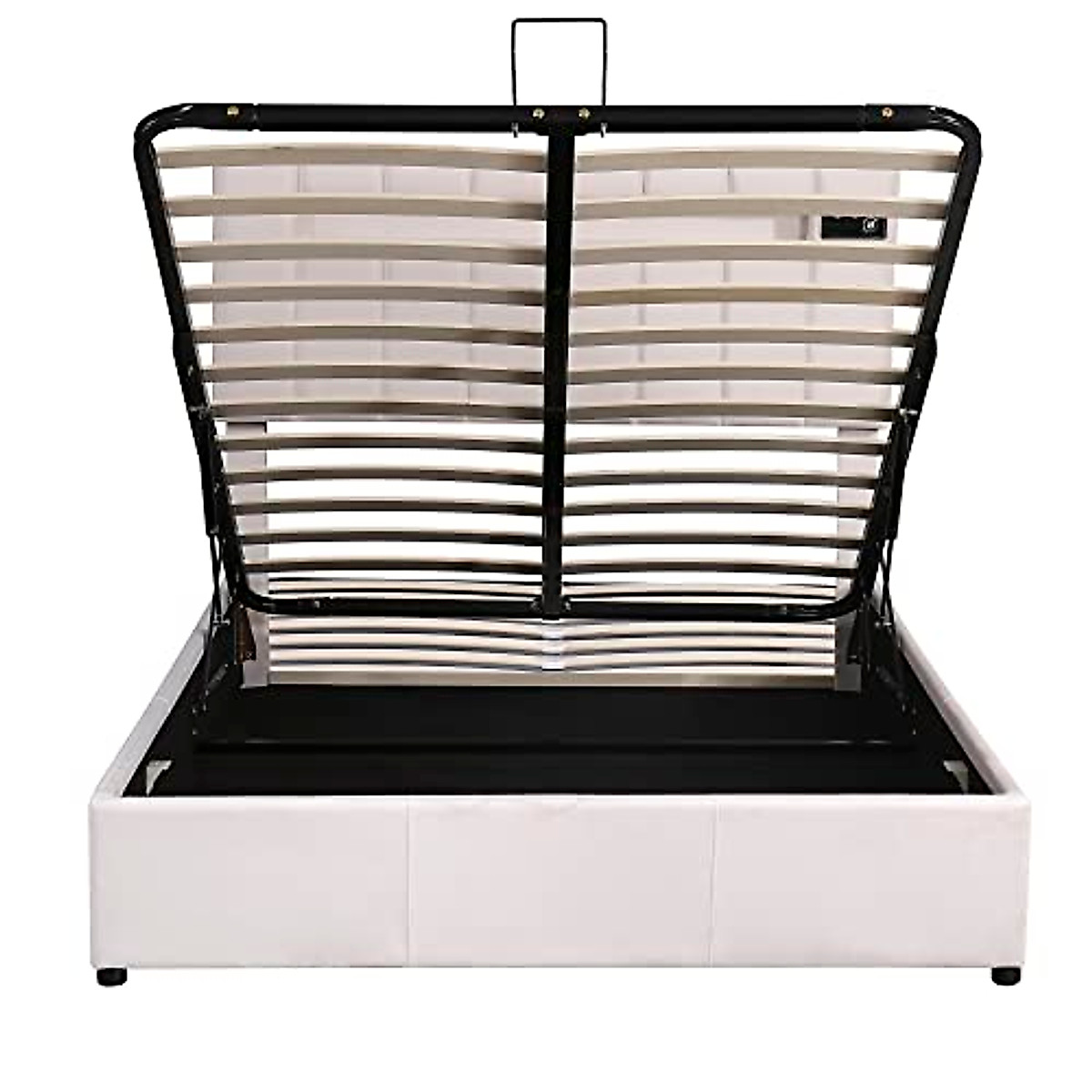 MOEO Upholstered Full Size Platform Bed with LED Light, Bluetooth Player and USB Charging, Hydraulic Storage, Velvet Fabric Bedframe for Kids, Adults, Bedroom, No Box Spring Required, Beige