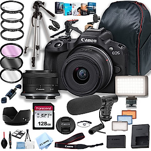 Canon EOS R50 Mirrorless Camera with RF-S 18-45mm f/4.5-6.3 is STM Lens+ 128GB Memory + LED Video Light + Microphone + Back Pack + Steady Grip Pod + Tripod + Filters + Software + More (Renewed)