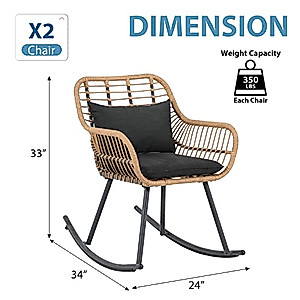 JOIVI Patio Wicker Rocking Chairs Set of 2, Outdoor Rattan Rocking Chairs with Pillows and Cushions, Front Porch Rocker with Iron Frame, Patio Lawn Garden Furniture, Black