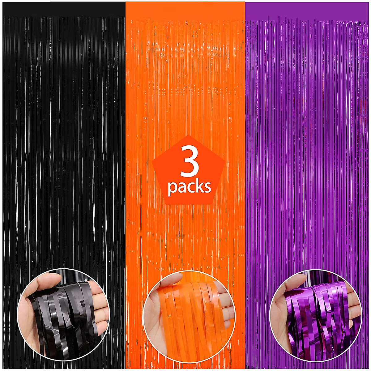 3 Pack Halloween Black Orange Tinsel Foil Fringe Curtain 8x9.84 Ft Backdrop Curtain Black and Orange Streamers for Home Outdoor Halloween Party Photo Booth Props Decorations