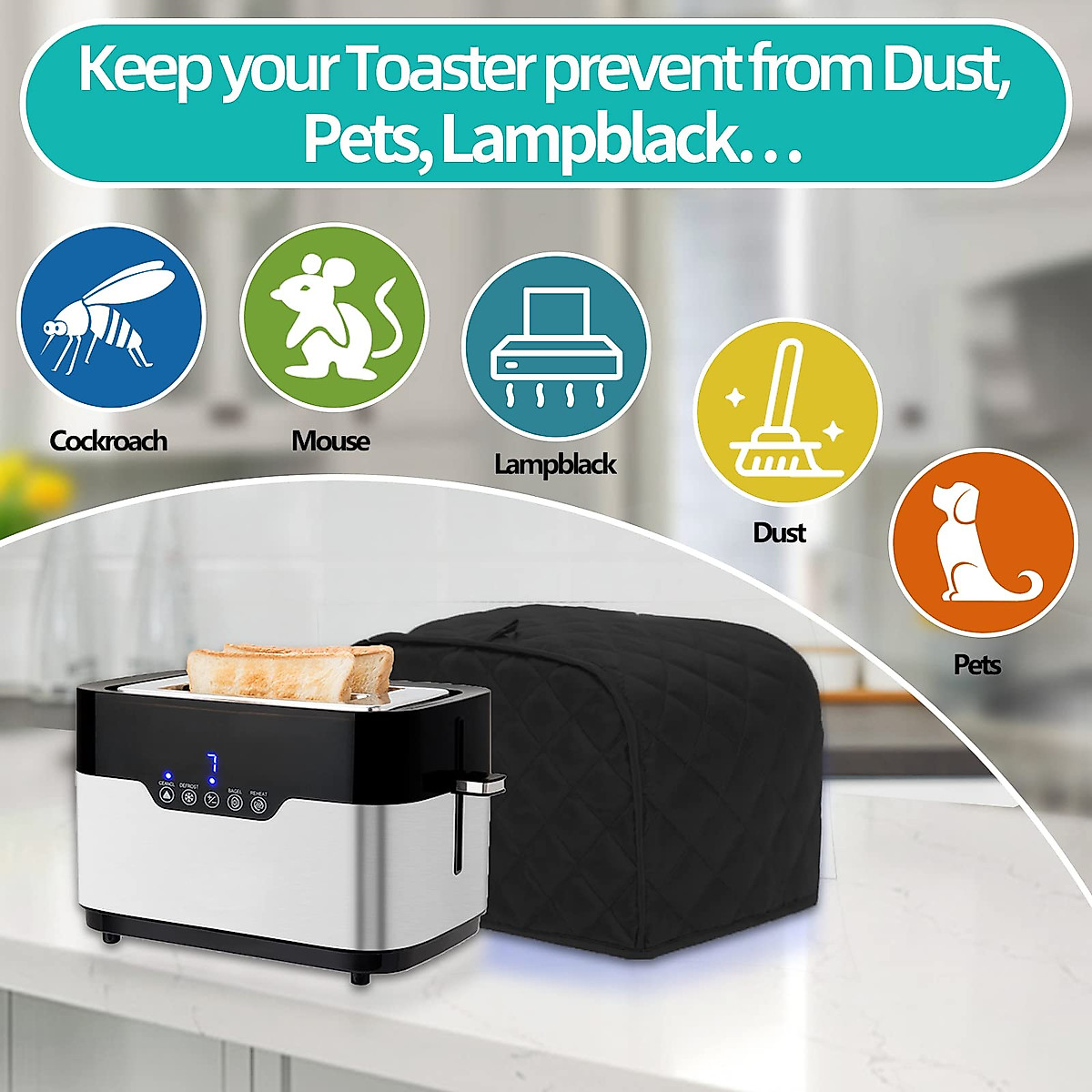 KINMAD Polyester Fabric Quilted Four Slice Bread Toaster Cover Bakeware Protector, Dust and Fingerprint Protection- Best Gift for Mother, Black