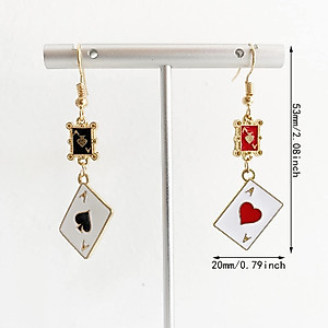 JIUIQL Unique Funny 18K Gold Plated Hypoallergenic Long Poker hearts and spades A Ace Playing Cards Dangle Drop Stud Earrings For Women Gambling Casino Jewelry Gift (Red Black)
