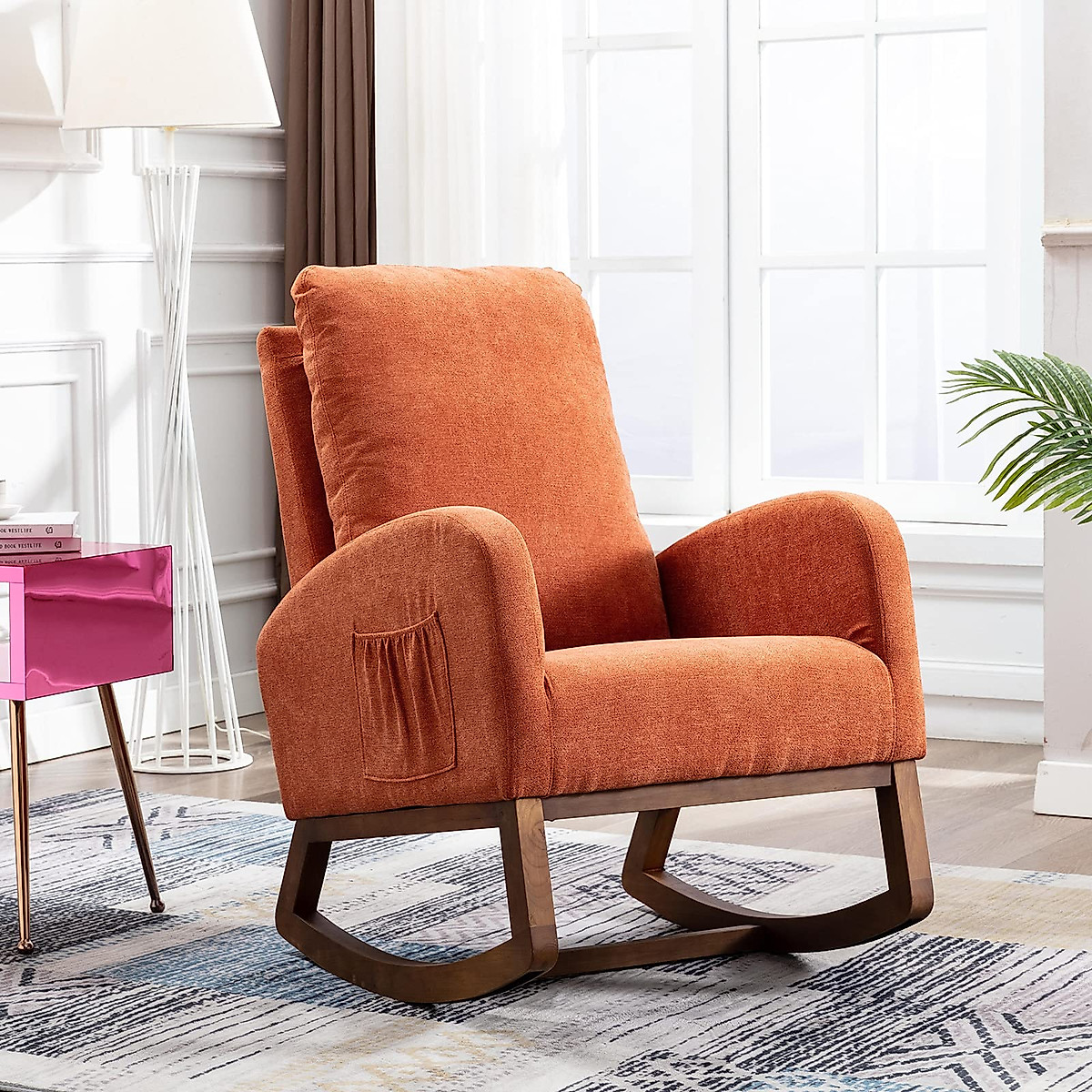 CALABASH Upholstered Rocking Chair Indoor Nursery Rocker Chair Comfortable Thick Padded Armchair with High Backrest Retro Mid-Century Nursery Glider Chair with Armrests for Living Room (Orange)