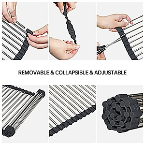 CHIRISEN Adjustable Large Roll Up Dish Drying Rack 12.8" X20.6" Collapsible Over The Sink Rack Non-Slip Silicone Rolling Dish Drainer SUS304 Stainless Steel Roll Rack for Kitchen Counter Organizer