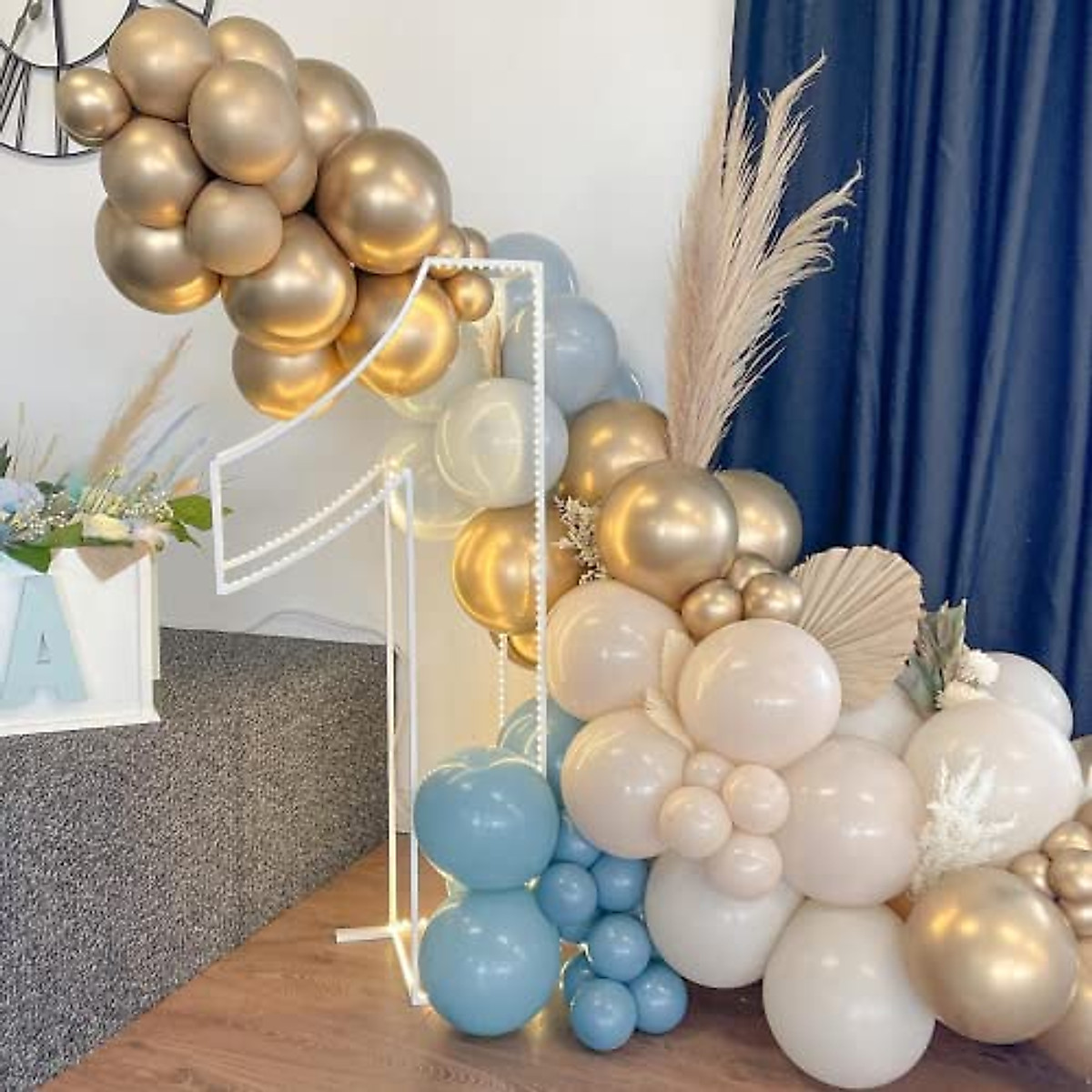 Beaumode Blue Slate Gold Balloon Garland Arch Kit Different Sizes 5/10/18 inch Balloons for Boys Baby Shower Birthday Christening Baptism Bridal Shower Anniversary Party Decorations (Blue Slate Gold)