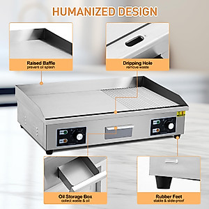29" Commercial Stainless Steel Electric Griddle, 3000W Non-Stick Electric Countertop Griddle with Fluted Surface, 110V Restaurant Teppanyaki Flat Top Grill, Adjustable Temperature Control 122°F-572°F