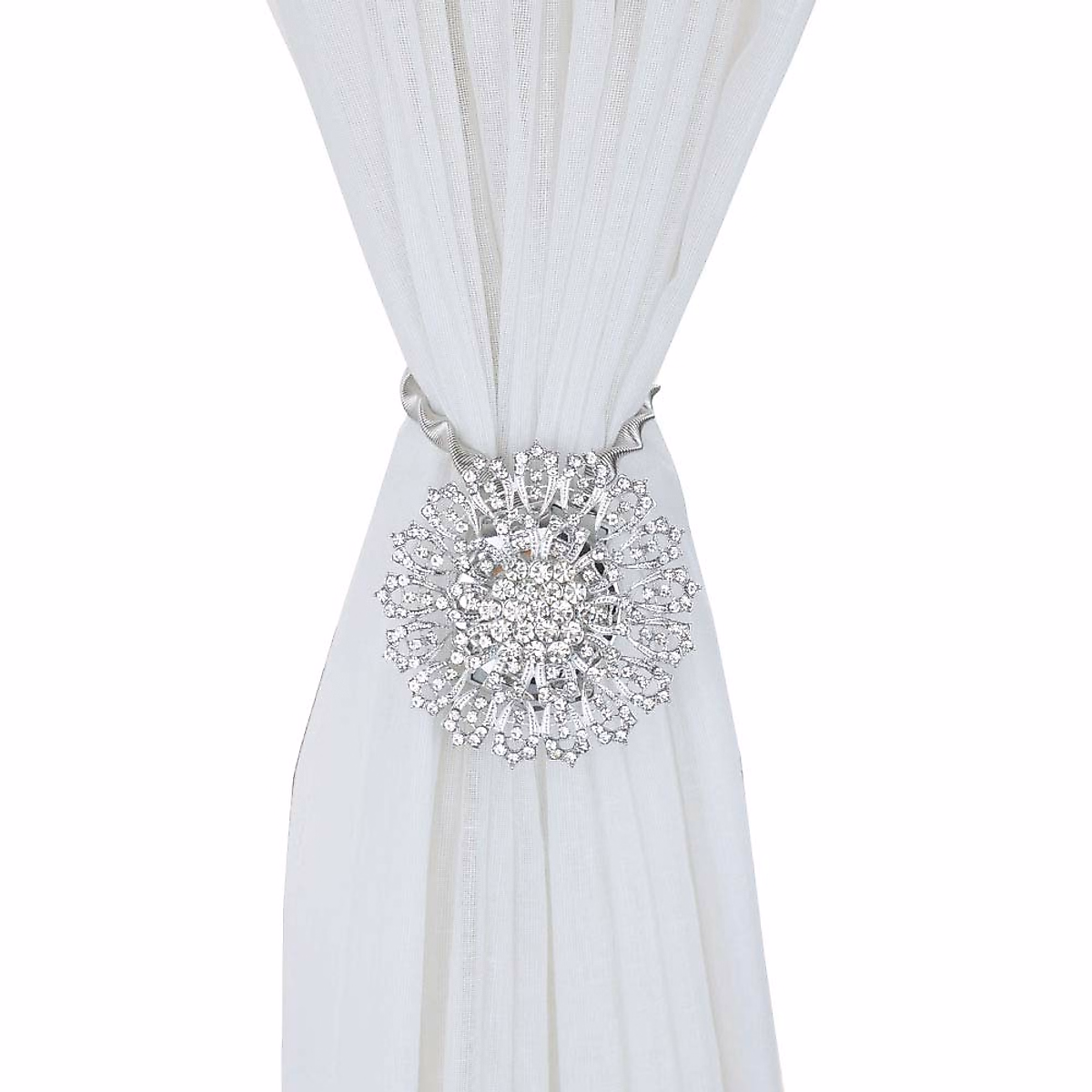 2PCS Magnetic Curtain Tiebacks European Style Sparkling Flower Window Curtain Bind Holdback Buckles Clips Tie Backs Drapery Holders with Stretchable Spring Wire Rope for Decoration,Silvery