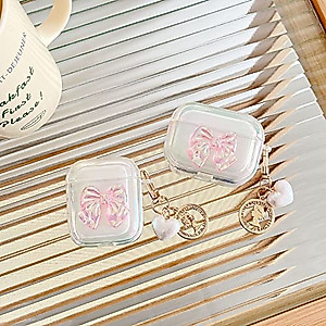 Ownest Compatible with AirPods Case Cute Clear Gradual Laser Bow Pattern Girls Woman Soft Silicone Shockproof Love Heart Keychain Design Cover for AirPods Pro-Transparent