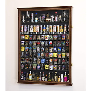 XL Shot Glass Display Case Rack Holder Cabinet for Tall Shooter and Mini Liquor Bottle -Walnut