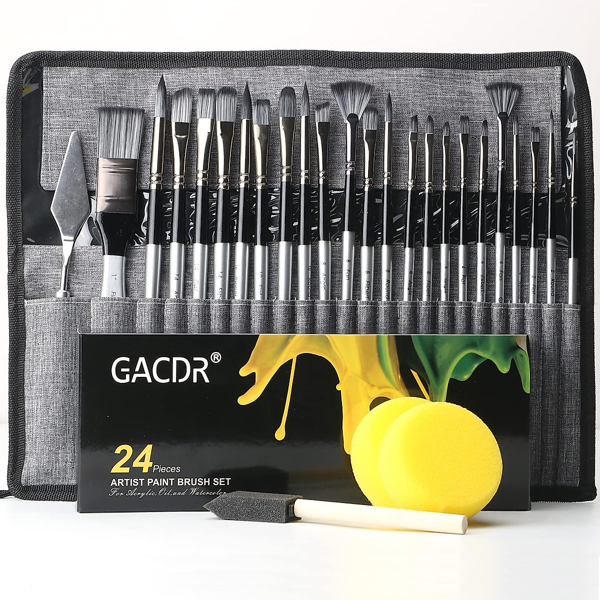 GACDR Acrylic Paint Brush Set, 24 Pieces Paint Brushes for Acrylic Painting with Cloth Roll Case and 2 Sponges, Pinceles para Acrilico for Oil Watercolor Gouache…
