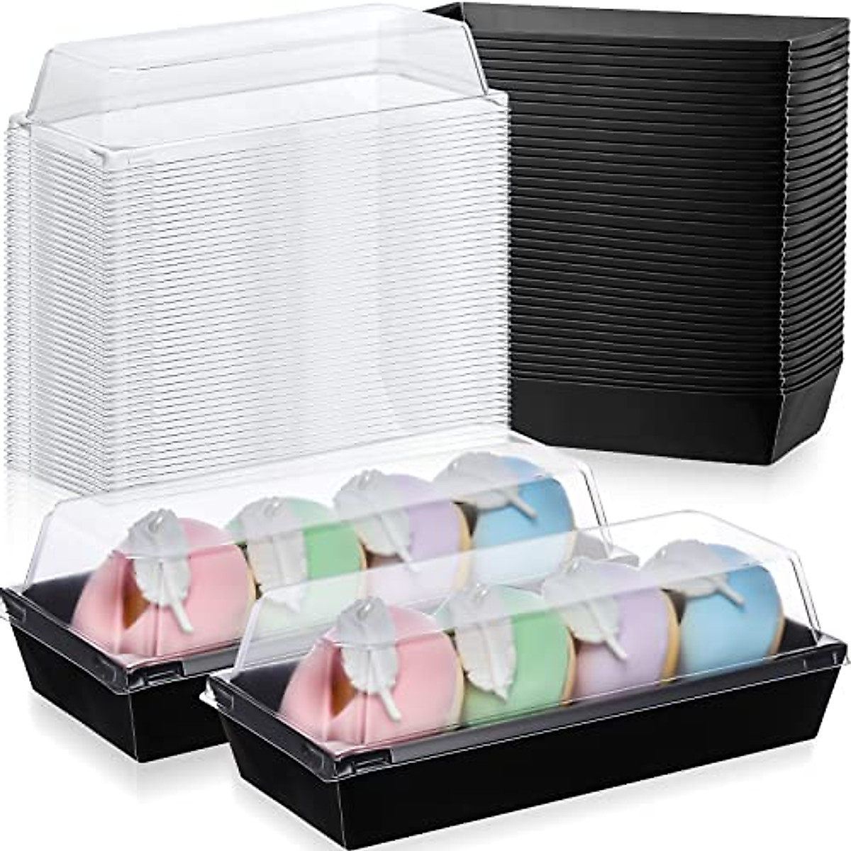 Didaey 100 Pcs Paper Charcuterie Boxes with Clear Lids 7.5 x 3.3 x 2.6'' Plastic Roll Cake Box Rectangle Sandwich Boxes Disposable Food Containers for Hot Dog Sushi Chocolate Strawberry (Black)