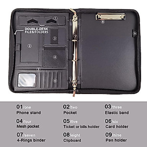 A4 Leather Portfolio Padfolio Refillable 4-Ring Binder with Zipper,Professional Business Document Organizer for Man Women with Magnetic Carrying Handle (Grey)