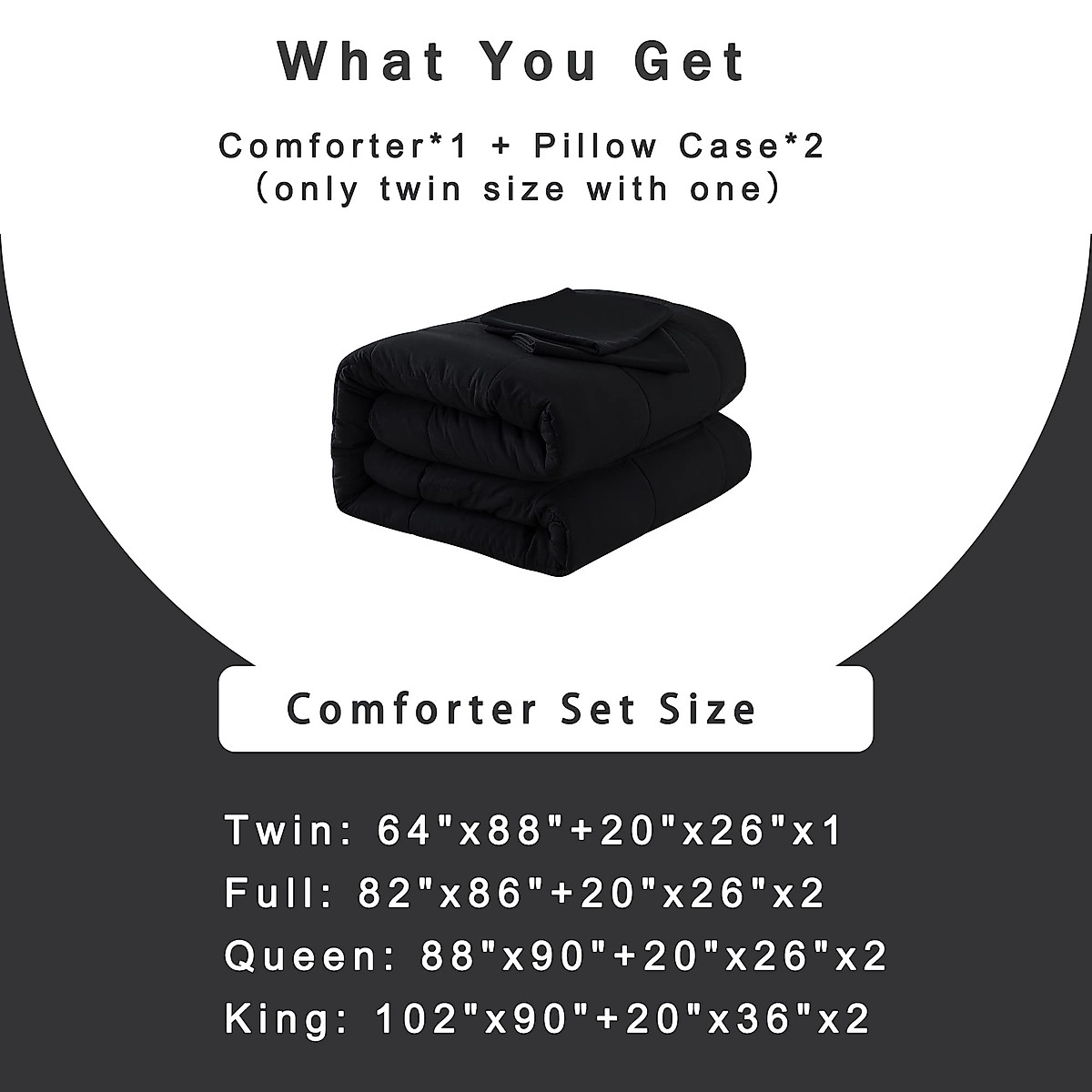 DOWNCOOL King Size Comforter Set -All Season Bedding Comforters Sets with 2 Pillow Cases -3 Pieces Bed Set Down Alternative King Bedding Set -Black King Comforter Set(102"x90")
