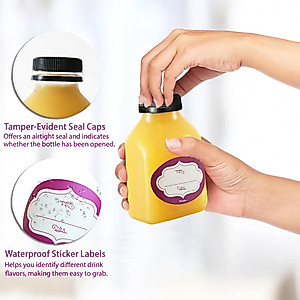 DilaBee Plastic Juice Bottles with Caps - 12 Pack 8oz Small Reusable Water Bottles with Lids for Juicing - Clear Mini Drink Containers for Fridge with Black Tamper Evident Seal