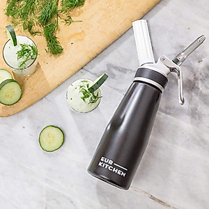 EurKitchen Professional Aluminum Whipped Cream Dispenser - Leak-Free Whip Cream Maker Canister with 3 Decorating Nozzles & Cleaning Brush - 1-Pint / 500 mL Cream Whipper - N2O Chargers (Not Included)