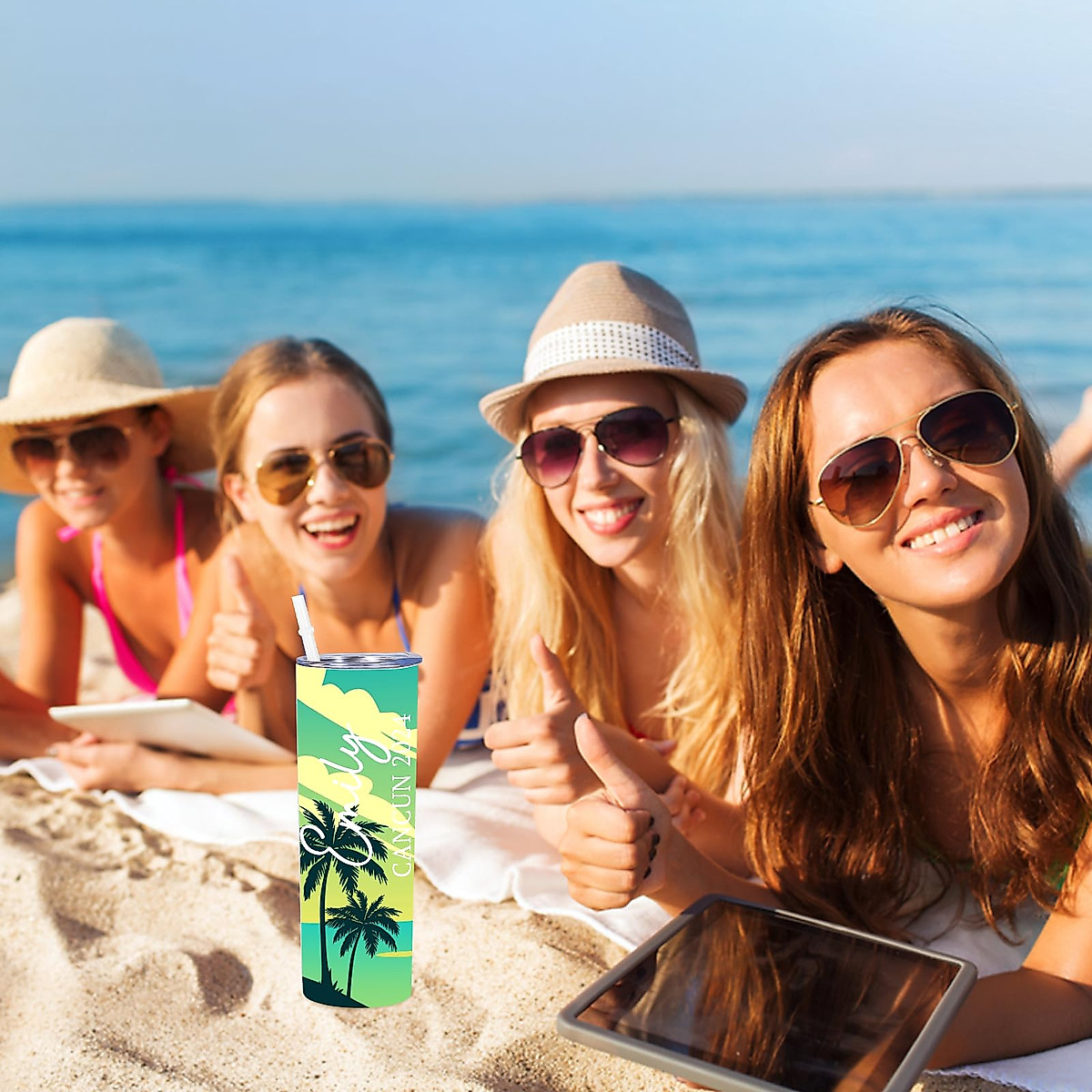 Personalized Family Vacation Tumblers With Name, Custom Palm Tree Beach Skinny Coffee Tumbler, Girls Trip Cups With Lid And Straw, Customized Group Destination Vacation Matching Cup